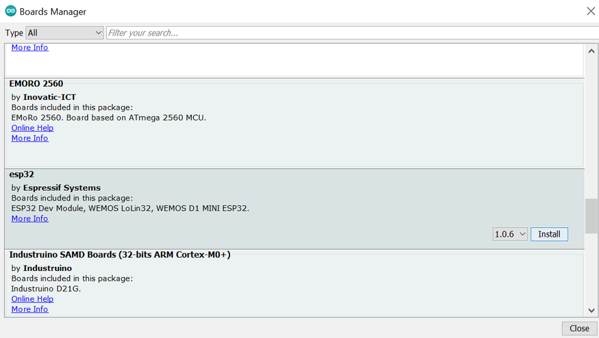 ESP32 Arduino: Install ESP32 boards in Arduino IDE
